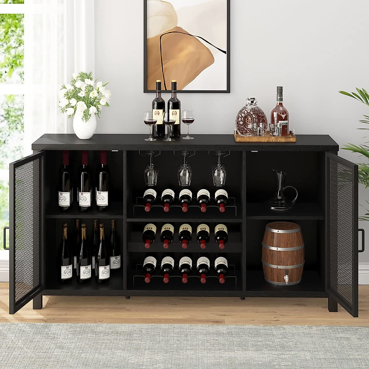 IBF Black Coffee Bar Cabinet, Liquor Cabinet with Wine Rack Storage, Industrial Kitchen Buffet Cabinet for Liquor and Coffee, Farmhouse Wine Cabinet for Home Living Dining Room, Black Oak, 55 Inch