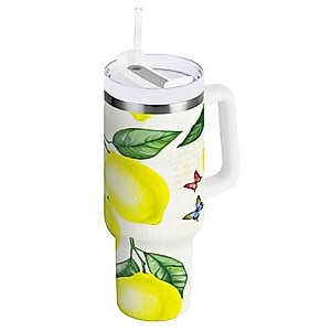 RPLIFE Juicy Lemons Butterfly White Stainless Steel Cup, Insulated Cup with Straw, Coffee Tumbler for Women