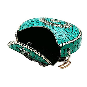 Trend Overseas Ethnic Antique Indian Handmade Mosaic Stone Chip Bag Bridal Clutch, Green, M