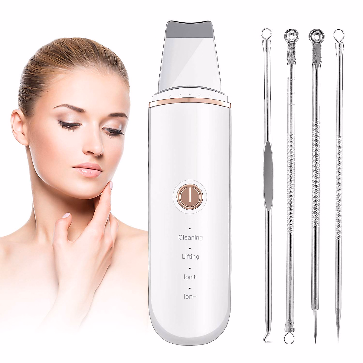 Skin Scrubber, Skin Spatula, Pores Cleanser Exfoliator Blackhead Remover Comedones Extractor for Facial Deep Cleansing with 4 Modes Include 4 Pcs Acne Reml Tool