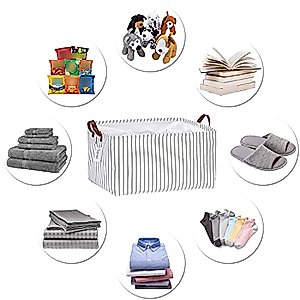 Hinwo 70L Extra Large Capacity Storage Basket Canvas Storage Bin Collapsible Storage Box with PU Leather Handles and Drawstring Closure, 22 by 15 inches, Waterproof Inner Layer, Grey Vertical Stripe