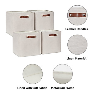 HNZIGE 13x13x13 Cube Storage Bins, Fabric Storage Cubes Baskets for Shelves, Set of 4, Cube Storage Baskets with Handles Foldable Storage Baskets for Organizing Clothes, Toys, Closet, Nursery(Cream)