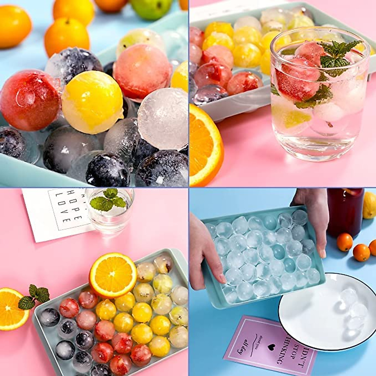 SCEssentials Round Ice Cube Tray with Lid Bin Ball Maker Mold for Freezer Container Mini Circle Making 99 piece Sphere Chilling Cocktail Whiskey Tea Coffee 3 Trays 1 Bucket Scoop total PACKS Blue