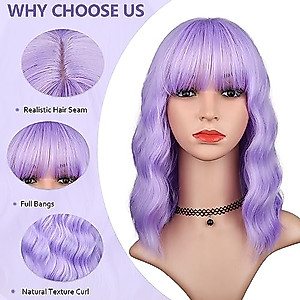 HAIRUP Lavender Wig with Bangs for Women, Short Wavy Curly Bob Wig Light Purple Wigs 14 Inch Shoulder Length Colored Pastel Purple Wig Daily Party Cosplay Wigs