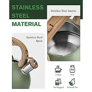 Hauce Radio Tea Kettle Stovetop, 2.1 Quart Stove Top Whistling Tea Kettle, Teapot Kettles with Food Grade Stainless Steel and Wood Pattern Folding Handle, Suitable for All Heat Sources
