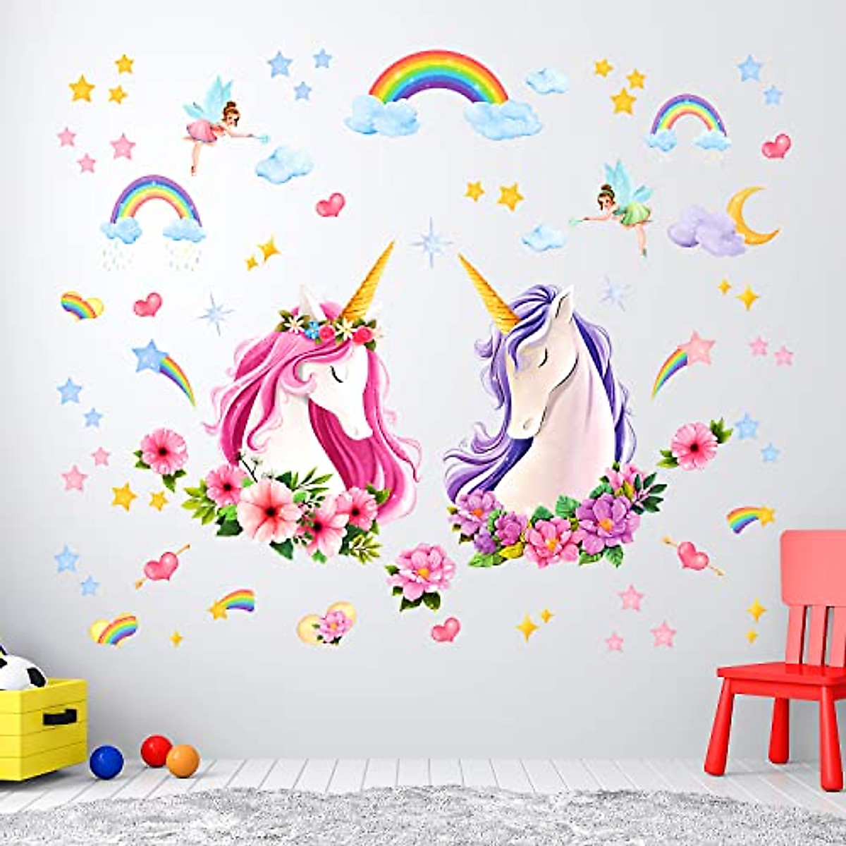 DECOWALL SG-2105 Large Unicorn Wall Stickers Rainbow Kids Colorful Decals Removable for Girls Nursery Bedroom Living Room Art Home Decor Decoration Toddler Little Princess Childrens