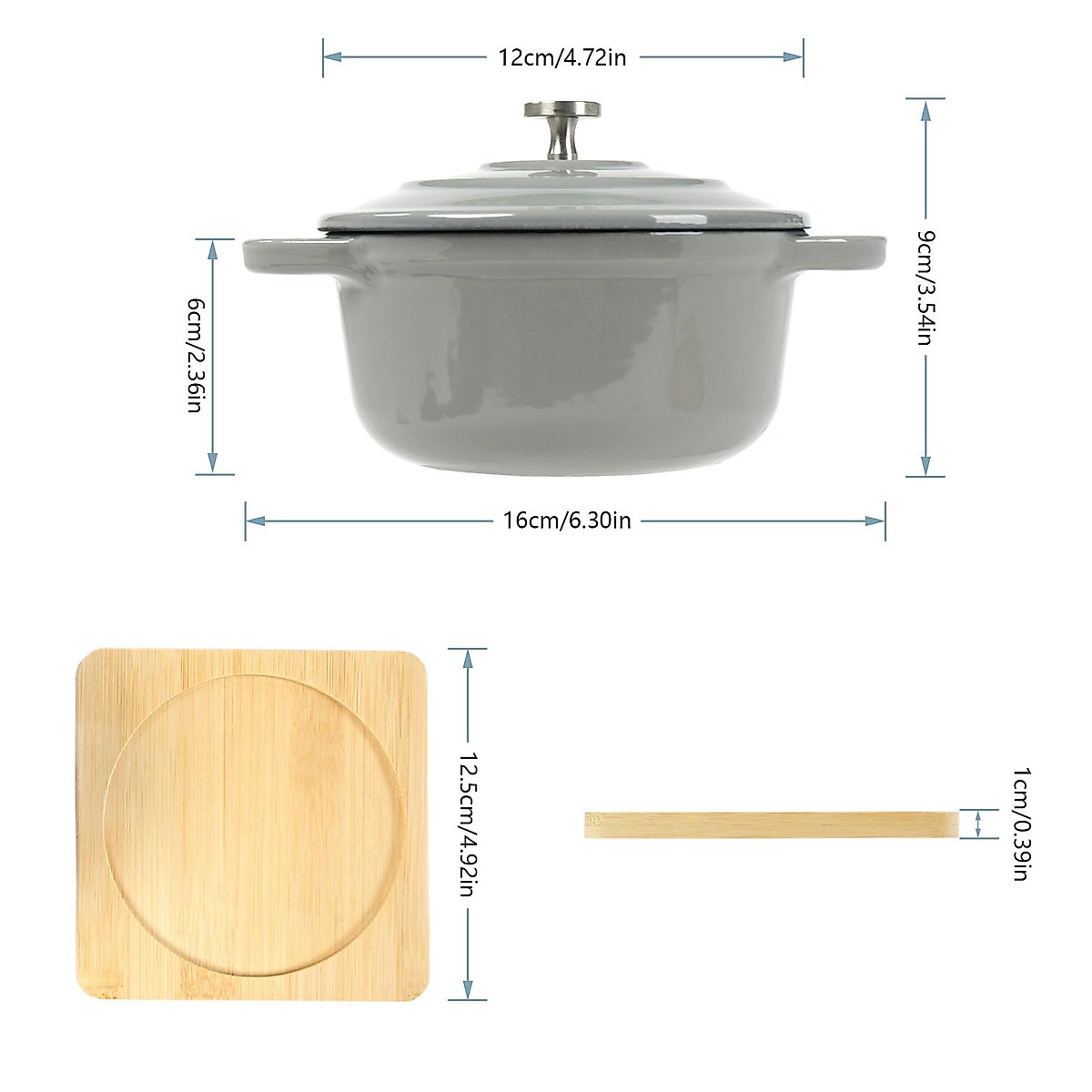 Enameled Cast Iron Mini Round Cocotte Set, 0.5QT Mini Dutch Ovens with Lids and Bamboo Trays, Dia.4.8 inch, Set of 2, Grey