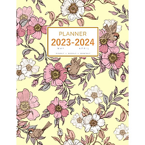 Planner 2023-2024: 8.5 x 11 Large Notebook Organizer with Hourly Time Slots | May 2023 to April 2024 | Peaceful Flower Bird Design Yellow
