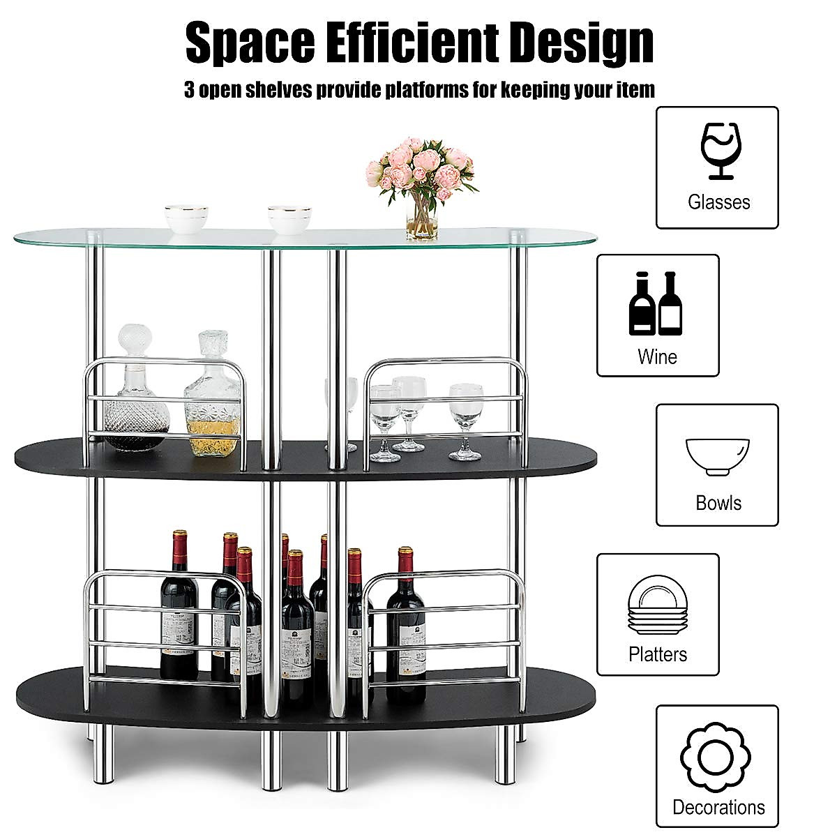 COSTWAY 3-Tier Glass Liquor Bar Cabinets, Wine Bar Storage with Tempered Glass Counter Top and Metal Frame, Bar Unit with 2 Shelves, Bar Organize Ideal for Living Room/Home/Kitchen/Bar/Pub