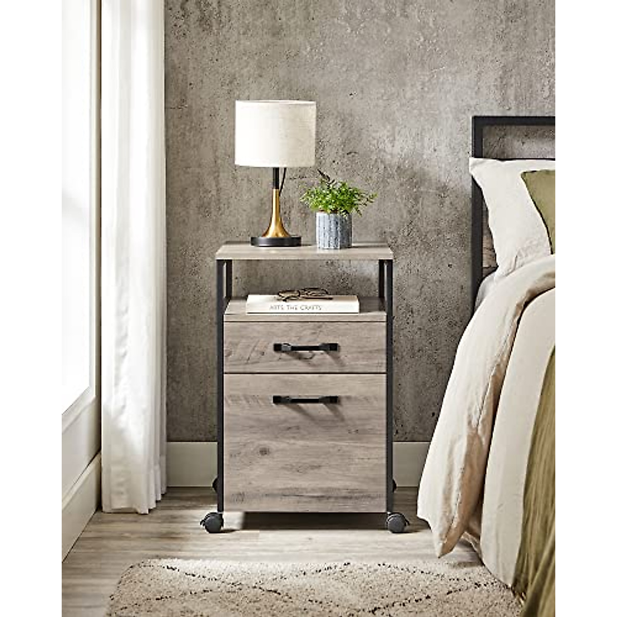 VASAGLE File Cabinet, Mobile Filing Cabinet with Wheels, 2 Drawers, Open Shelf, for A4, Letter Size, Hanging File Folders, Heather Greige and Ink Black UOFC071B02