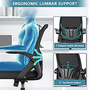 Kensaker Office Desk Chair with Lumbar Support Ergonomic Mesh Office Chair with Wheels and Flip-up Armrests Adjustable Height Swivel Computer Chair for Home and Office (Black)