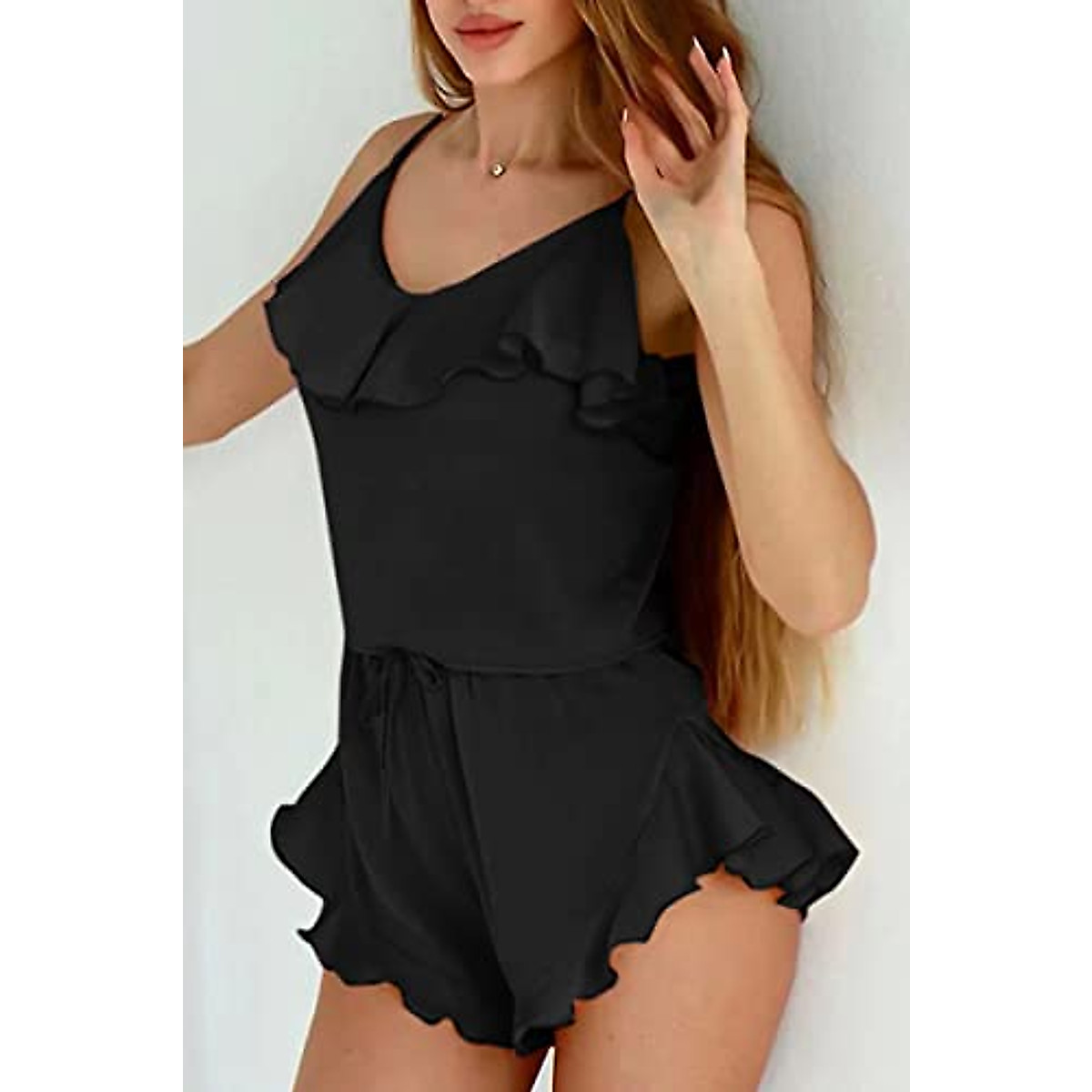 CHYRII Women's Sexy Silk Satin Ruffled Pajamas Sets Cami Shorts Sets Cute PJS Lingerie Slppewear Set Black M