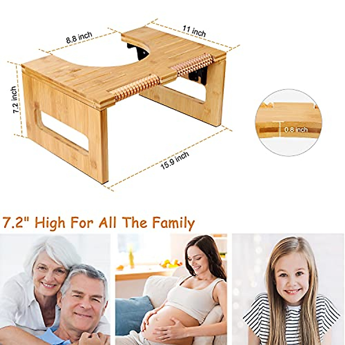 Bamboo 7-Inch Height Toilet Stool, Foldable and No-Slip Toilet Potty Stool with Foot Massager for The Bathroom, Portable Toilet Squatting Stool for Adults and Kids