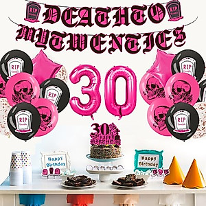 Death to My 20s Decorations - 30th Birthday Decorations for Her, Black Red 30th Birthday Party Supplies with Banner, Rip to My 20s Sash, 30th Balloon, Cake Topper