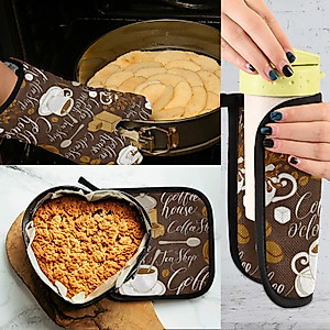 Tea Coffee Theme Pattern Oven Mitts and Pot Holders Sets Retro Style Hot Pads Heat Resistant Cooking Gloves Handling Kitchen Cookware Bakeware BBQ