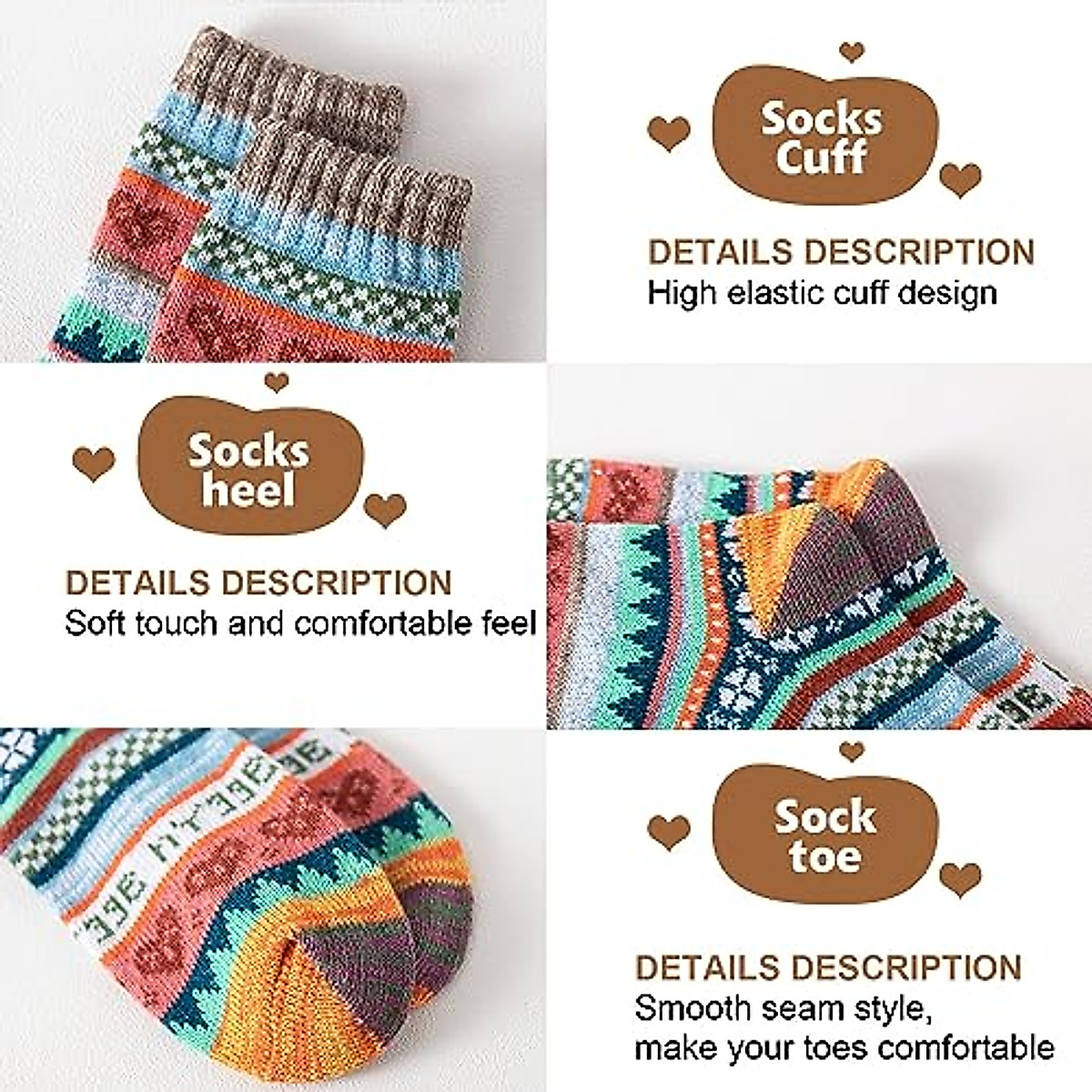 ICEIVY Womens Wool Socks 5 Pairs Warm Wool Cotton Socks Thick Knit Vintage Casual Winter Socks