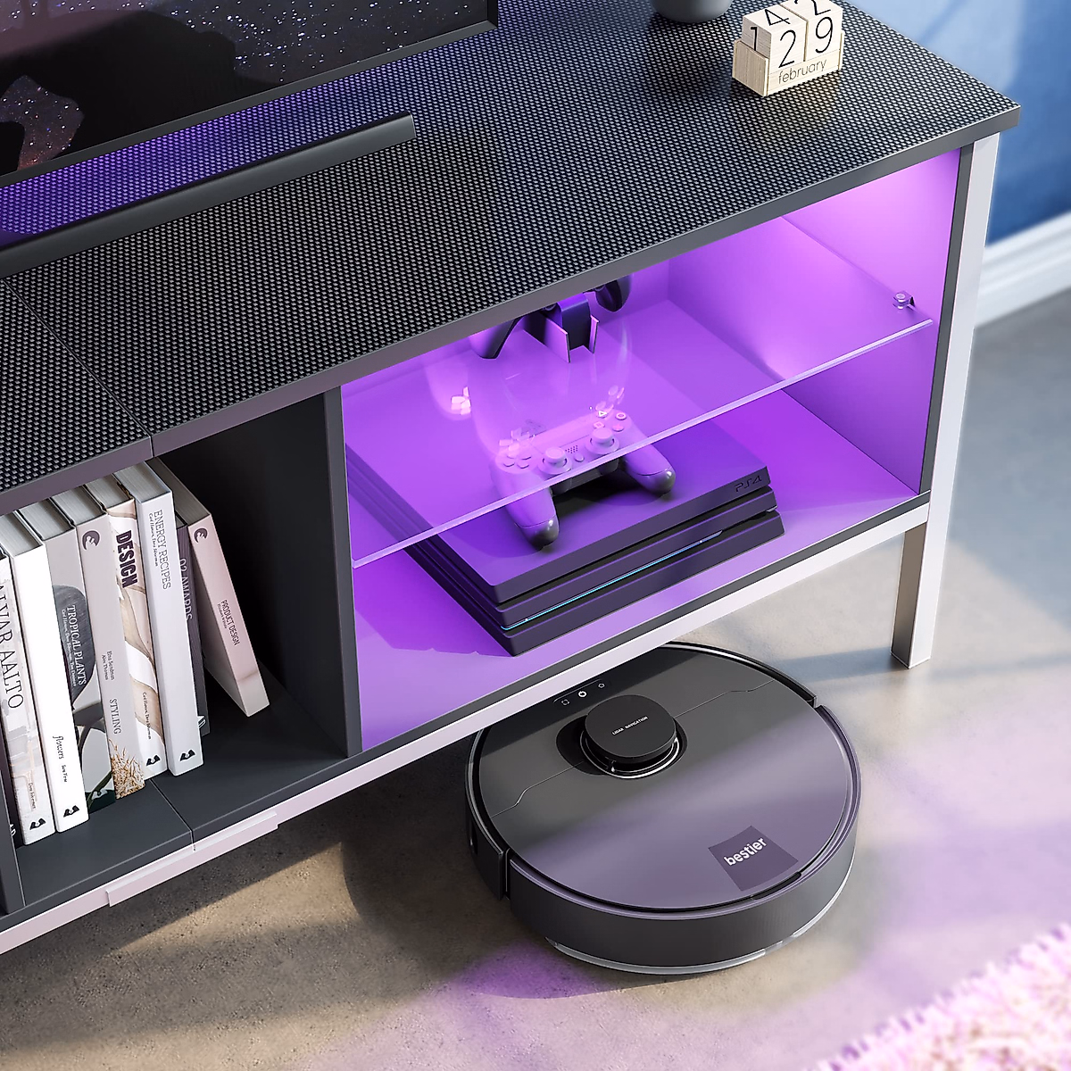 Bestier Gaming Entertainment Center for 65+ Inch TV with LED Lights & Adjustable Glass Shelves, Modern TV Stand Media Console, Fits TVs up to 75 Inch, Black Carbon Fiber Ideal for Living Room