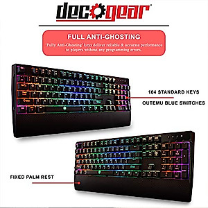 Deco Gear Mechanical Gaming Keyboard, Anti-Ghosting, Ergonomic Fixed Palm Rest, Full Customizable RGB Backlit, Carbon Fiber Design, Outemu Blue Switch, Wired, Black