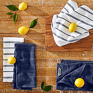 KitchenAid Ribbed Soft Silicone Oven Mitt Set, Blue Willow 2 Count & Albany Kitchen Towel 4-Pack Set, Cotton, Blue Willow/White, 16"x26"