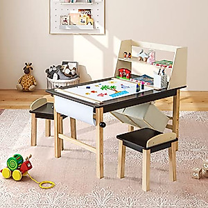 HONEY JOY Kids Art Table and Chair Set, Wooden Drawing Desk and 2 Stools w/Paper Roll, Open Shelf, Toddler Activity & Crafts Table w/Storage Bins, Children Furniture Set for Boys Girls Ages 3+