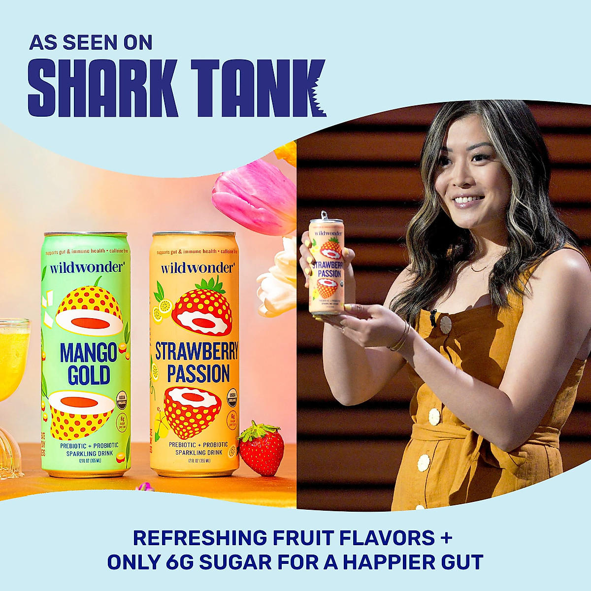 wildwonder Sparkling Probiotic Juice Drink w/Gut Health Immunity & Support 5g Fiber, Live Probiotics, Caffeine Free, Organic, Vegan, Low Sugar, 6pk 12oz, Classic Variety Pack, As Seen on Shark Tank