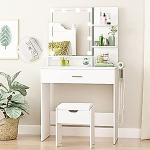 Makeup Vanity Table with Lighted Mirror & Power Strip, White Vanity Set with Hair Dryer Rack, Lots Storage, 3 Lighting Modes, Brightness Adjustable, 31.5in(L)