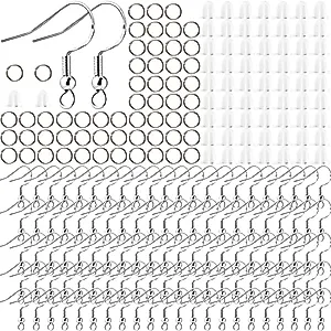 100 pcs Hypoallergenic Earring Hooks, 925 sterling Silver Copper-plated Earring Hooks, Fish hook Earrings, 300 pcs Earring Making Kit with Jump Rings and Clear Rubber Earring Backs, DIY Jewelry Making