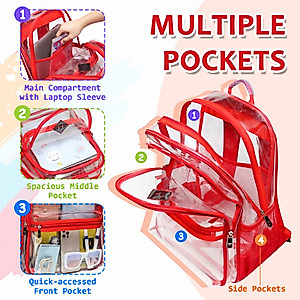 ASKSKY Clear Backpack for School, Thriple Compartments Heavy Duty Clear Bookbag PVC Transparent Backpack See Through Backpack for Boys Girls Women Men for Stadium Events College Work,Red