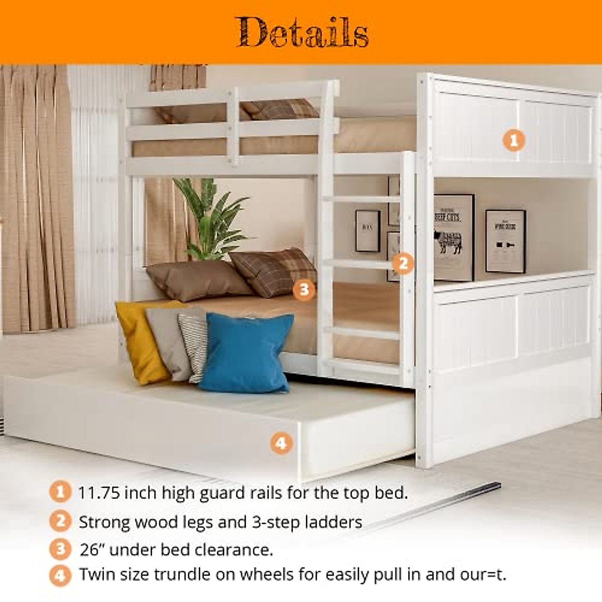 AOCOROE Full Over Full Bunk Beds with Trundle, 3 Beds Full Bunk Bed for Kids,Sturdy Wood Stackable Full Over Bunk Bed Frame for Kids Room,White