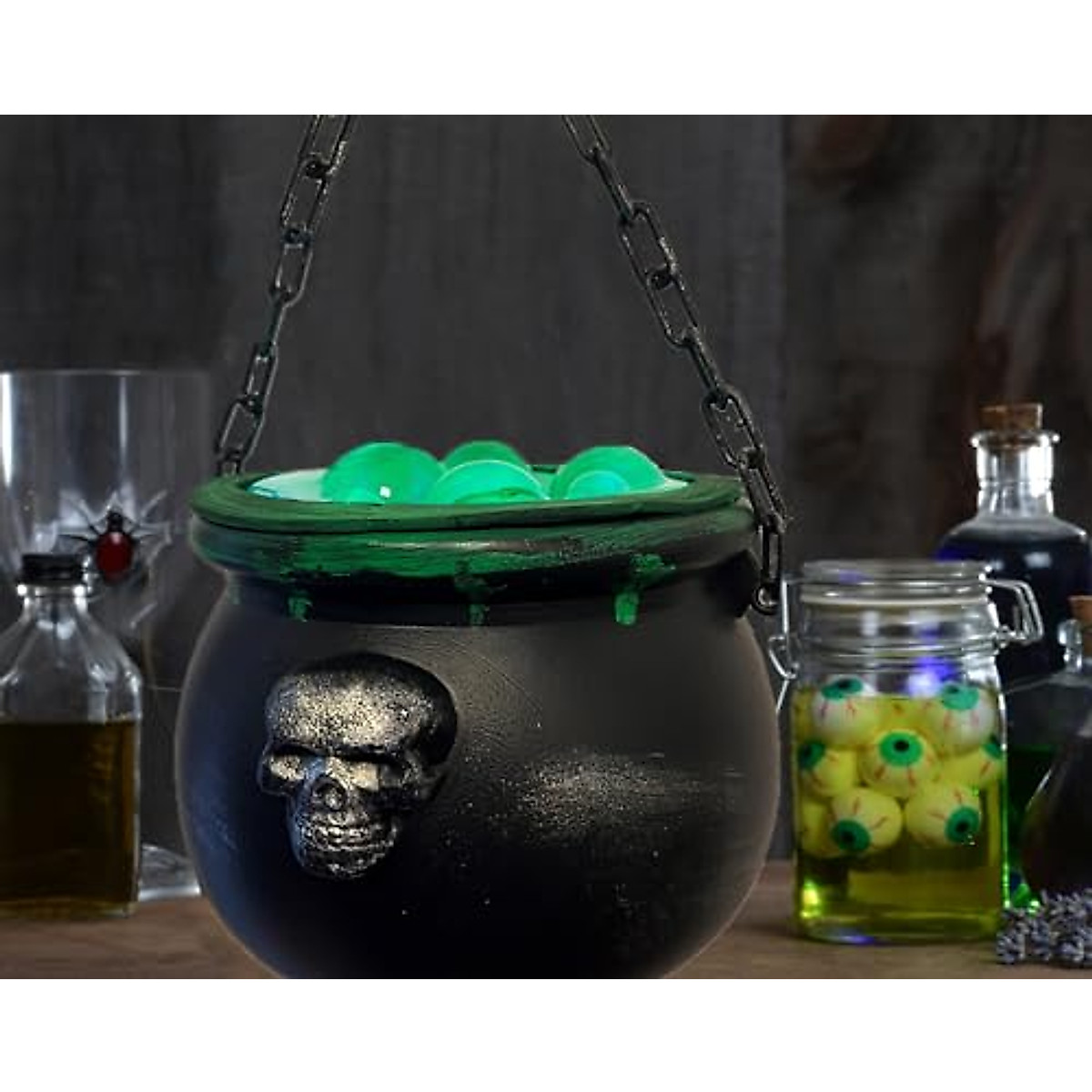 GIFTEXPRESS 8 Inches Special Effect Halloween Black Cauldron with Light-up Green Potion, Witch Cauldron with Brew Sound Effects for Halloween Decoration, Horror Scene Witch Holiday Décor Theme Party