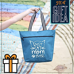 Brooke & Jess Designs Fur Mom Lexie Teal Zipper Tote Bag Women, Work, Travel - Best Cat Lover Gift, Christmas, Birthday, Mother's Day - Fun Things to Gift for Cats Owners