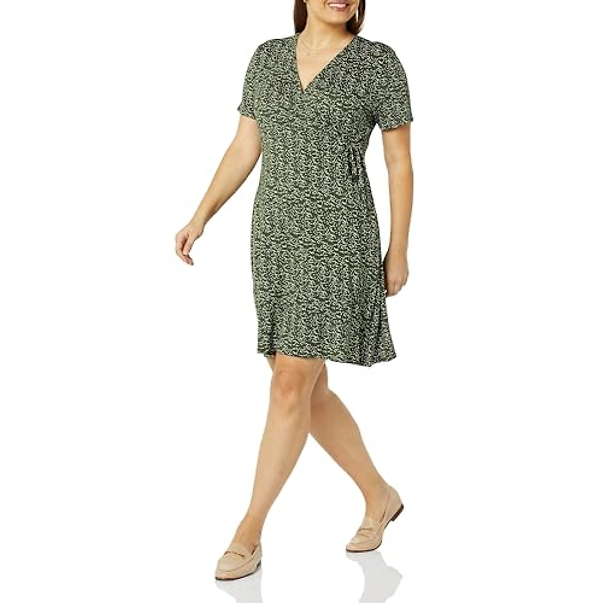 Amazon Essentials Women's Short Sleeve Faux-Wrap Dress, Olive Dots, Large