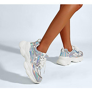 LUCKY STEP Women's 90s Chunky Sneakers Sparkly Bling Rhinestone Rope Platform Casual Thick Dad Rave Walking Shoes(Hologram Silver,7 B(M) US)