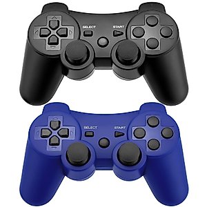 Ceozon PS3 Controller 2 Pack with Six-Axis Dual Vibration Wireless Control with Charging Cables Black + Blue