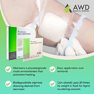 AWD Silver Calcium Alginate Dressing for Wound Care - Skin, Wound Care Products, Bandages Large Wound Care, Non Stick Pads for Wounds, Comfortable & Absorbent (4"x5", 5 Count)