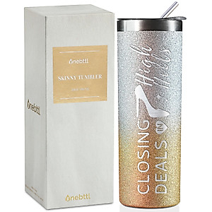 Onebttl Realtor Gifts for Women, Clossing Deals In High Heels, Funny Gifts for Real Estate Agent, Salesman, Boss, Coworkers, Employees, 20 Oz Stainless Steel Tumbler, Glitter Gold