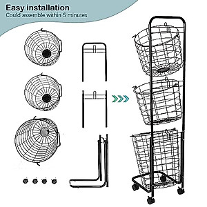 uyoyous Laundry Basket on Wheels 3 Tier Large Laundry Hampers 48.4x12.6x9.7 Inch Laundry Room Organization and Storage with Removable Wire Baskets Clothing Sorting Laundry Baskets