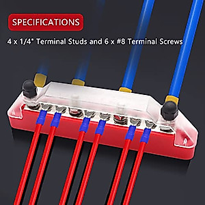 Aienxn Red Battery Bus Bar 4 x M6 Terminal Studs, 6 x M4 Terminal Screws, 12V Power Distribution Block with Ring Terminals for Car, RV, Boat, Marine Q-O-038-10-B-R