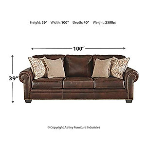 Signature Design by Ashley Roleson Traditional Leather Queen Sofa Sleeper with Nailhead Trim and 4 Accent Pillows, Brown