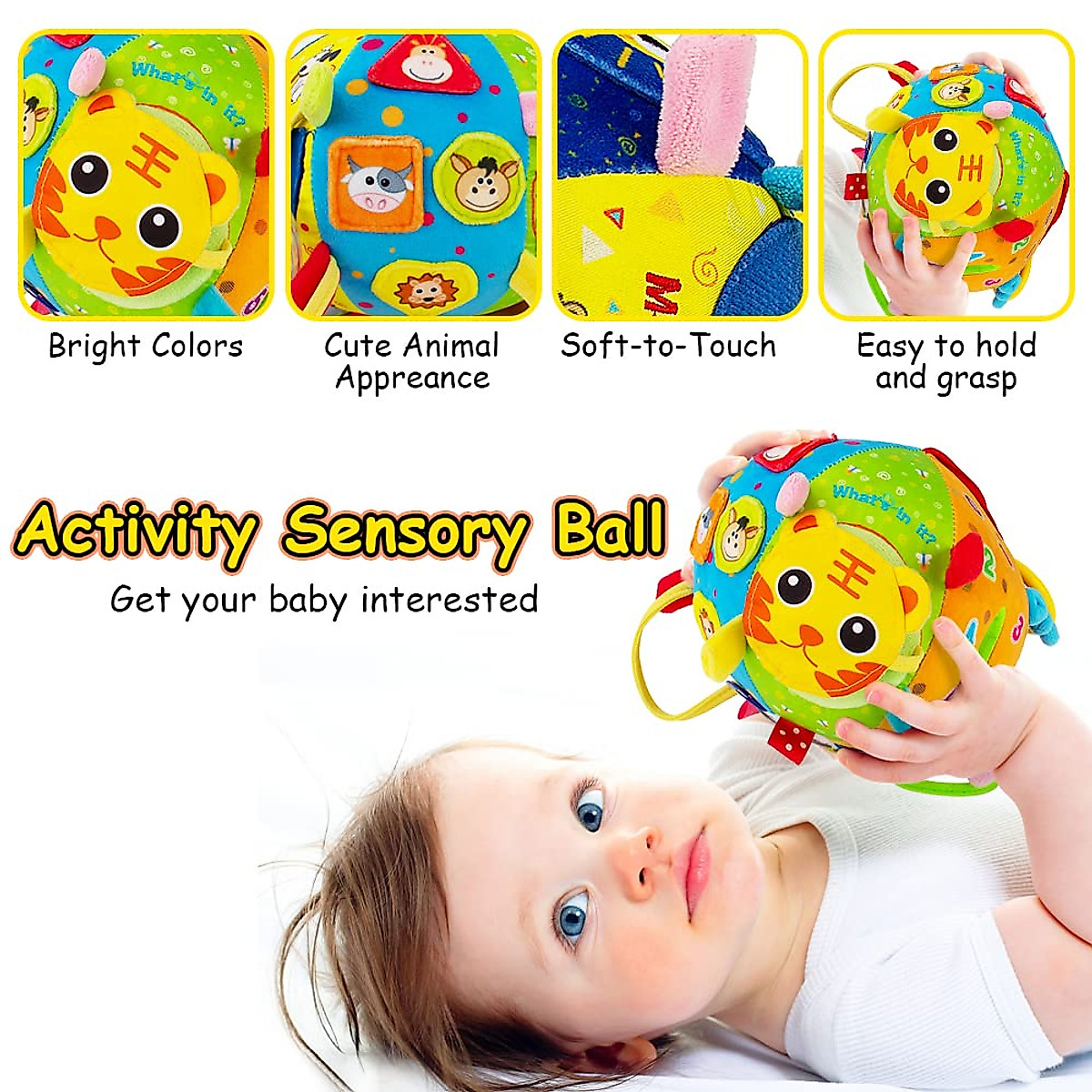 Busy Sensory Ball Baby Toys for 0-12 Months,Developmental Activity Ball Infant Toys with Baby Rattles Teether Crinkle Sounds,Discover Ball Gifts,Easy to Grasp Encourage Tummy Time Fine Motor Skills