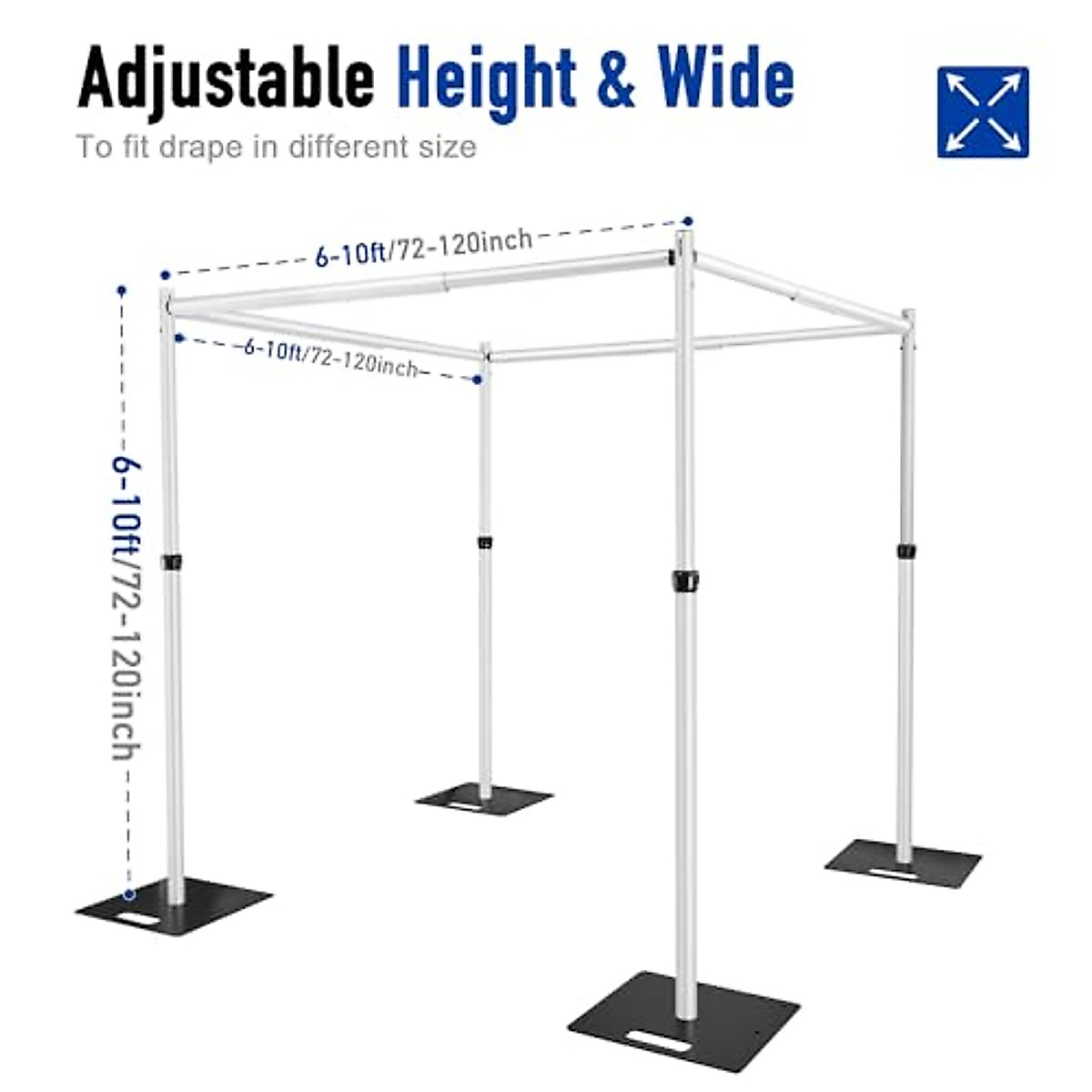 Hecis Portable Backdrop Stand with Crossbar, Adjustable Pipe and Drape Backdrop Kit for Event， Party, Trade Shows and Wedding Decor, 10FT Square Backdrop Frame