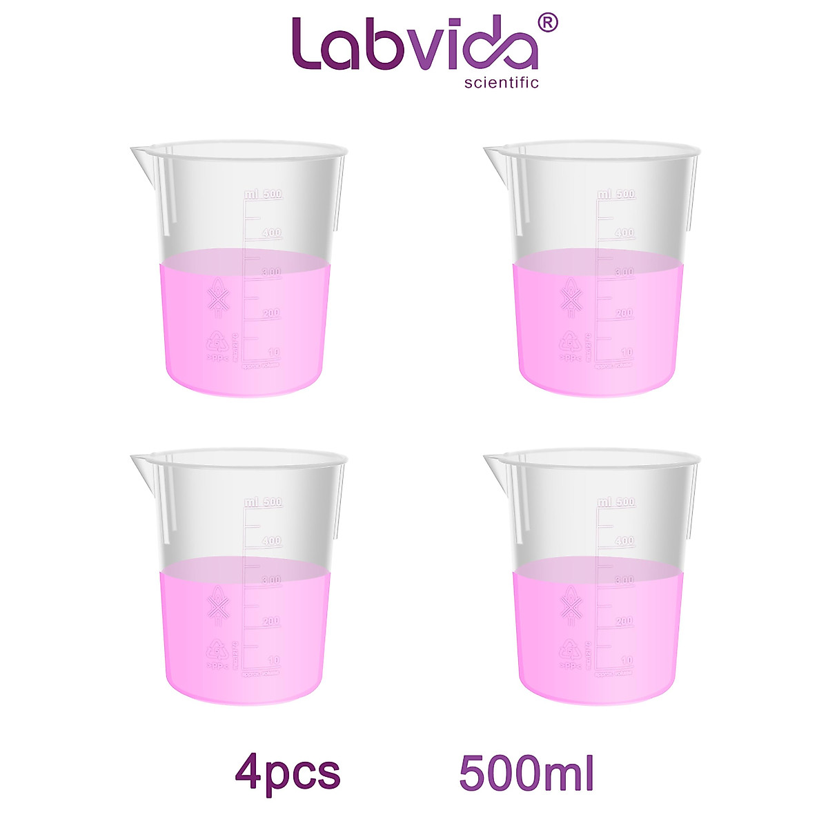 Labvida 4pcs of Stackable Plastic Beakers, Vol.500ml, PP Material, with Molded Graduation, LVB004