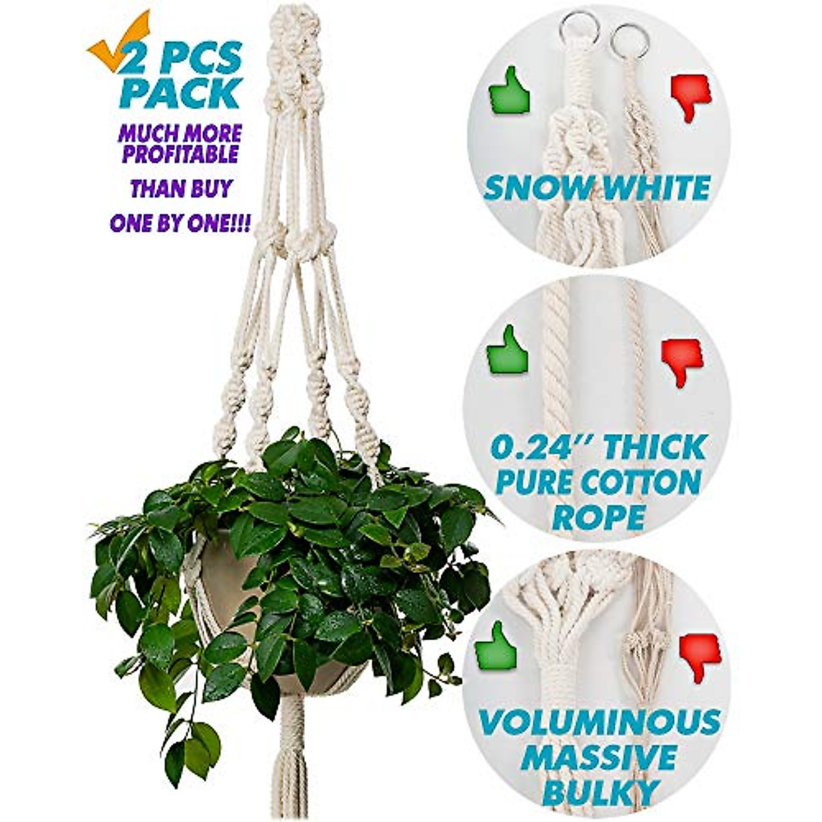 Bulky Plant Hanger Macrame Handmade Indoor Outdoor Decoration Hanging Planter Cotton Rope Basket 0.24in Thick Sturdy for Round & Square Flower Herbs Pots (No Pots No Plants) 46in, 4 Legs, 2 pcs