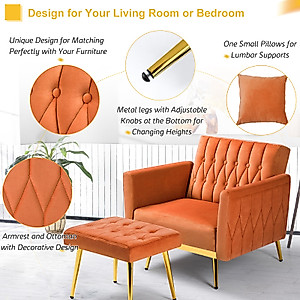 ACMEASE Velvet Accent Chair w/Adjustable Armrests and Backrest, Button Tufted Lounge Chair, Single Recliner Armchair with Ottoman and Pillow for Living Room, Bedroom,Orange