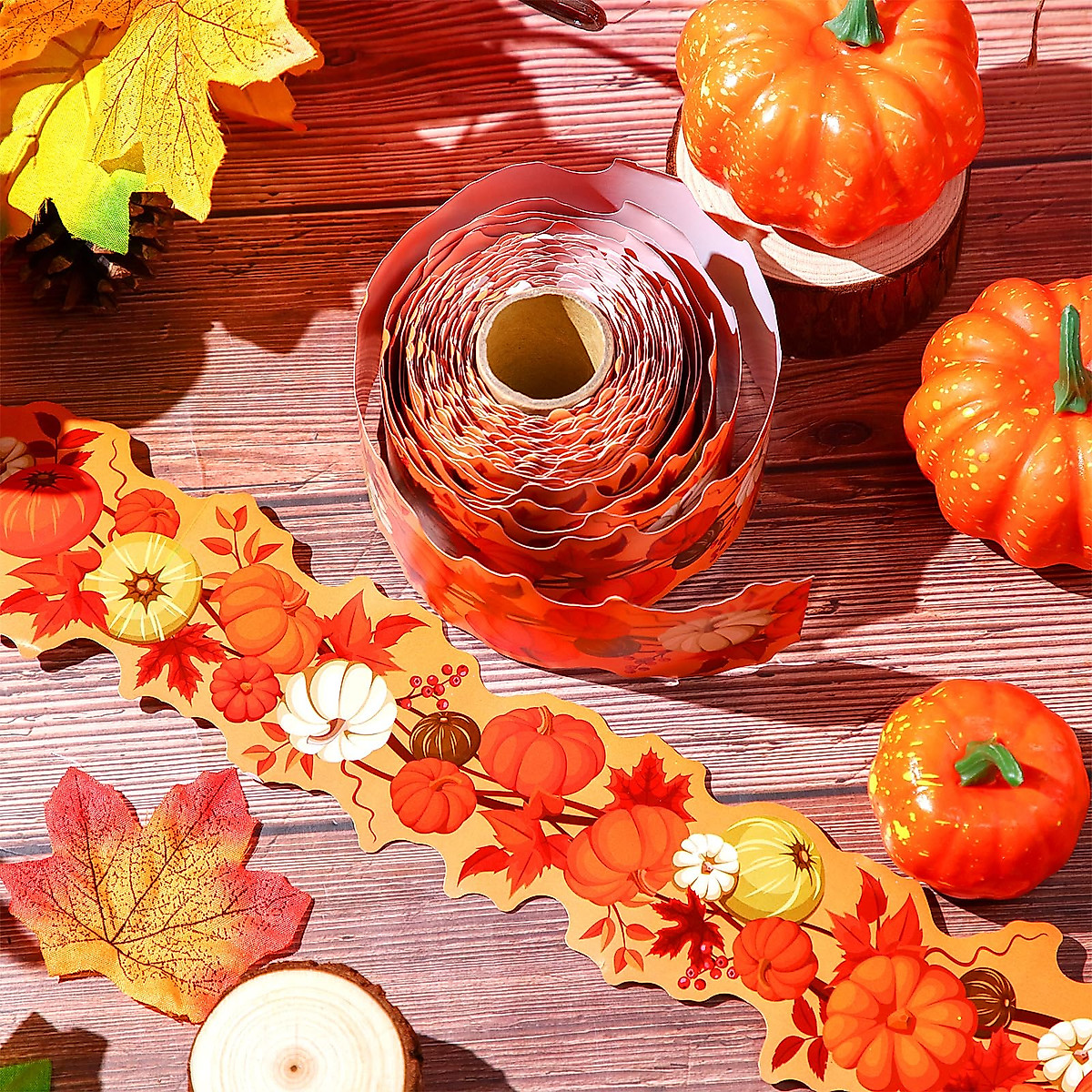 Cholemy 65.6 ft Bulletin Board Borders Fall Bulletin Border Decoration Halloween Bulletin Board Borders Fall Classroom Decoration for Halloween Thanksgiving Classroom (Pumpkin, Maple Leaf)