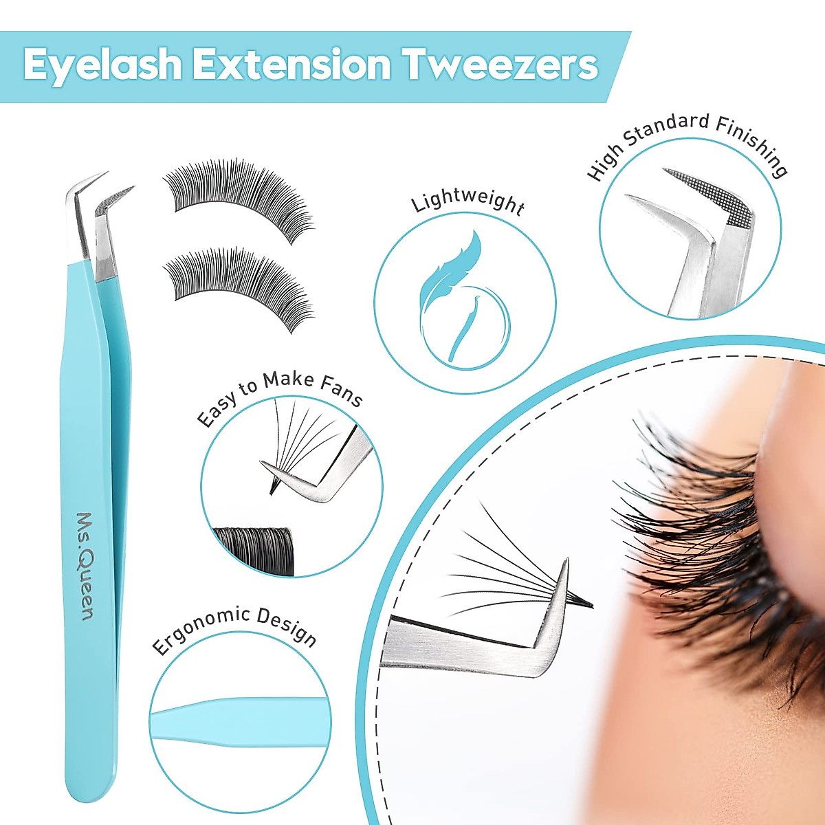 Ms.Queen Volume Tweezers For Eyelash Extensions, Fiber Tip Grip Lash Tweezers L-Shape Boot Mega Volume Mink Lashes Tweezers, Blue