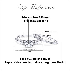 Wishrocks 1 2/5 CT 5MM Princess & Pear Cut Lab Created Moissanite Diamond Infinity 3-Stone Bridal Set Engagement Wedding Bands Rings In 14K White Gold Over Sterling Silver(VVS1 Clarity)-9.5