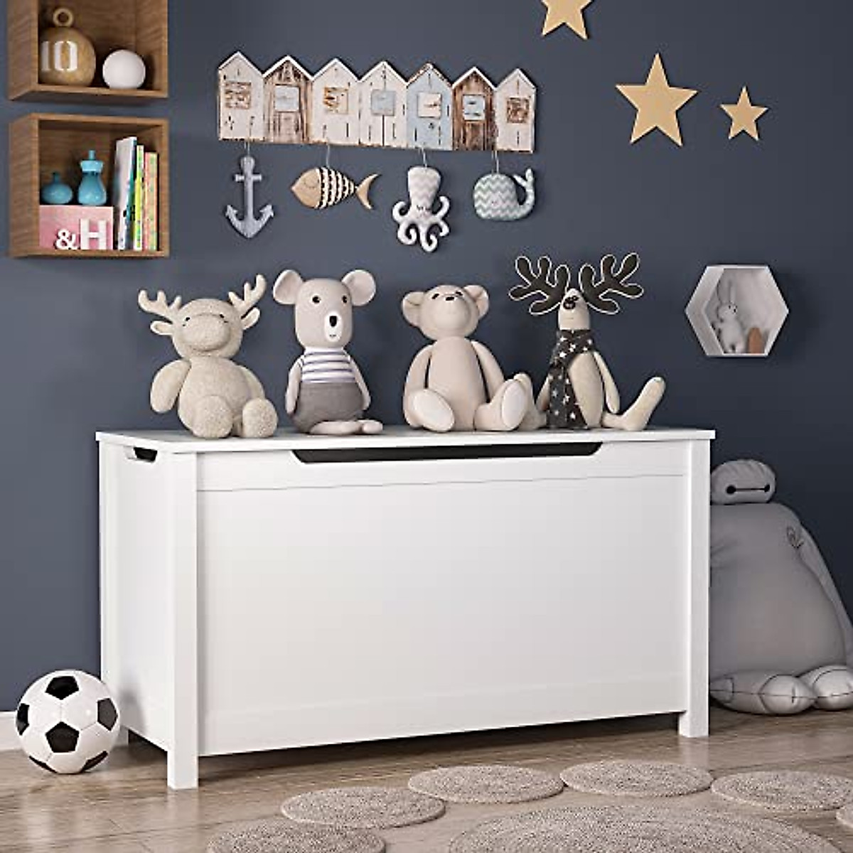 Mancofy Wooden Toy Chest, Kids Toy Box，Furniture for Playroom, Bench with Safety Hinged Lid, Wooden Toy Box Storage Organizer, Children's Furniture Toy Chest (White)
