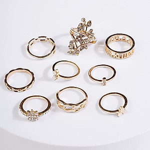 Octwine Dainty Star Leaf Knuckle Rings Gold Rings Set Bohemian Open Rings Set Jewelry Rings Accessory for Women and Girls(9 pcs)