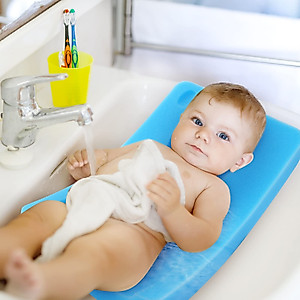 KECUCO Baby Bath Cushion, Baby Bath Sponge for Bathing Infant Bath Mat Newborn Bath Baby Essentials - Excellent Foam Odor Free (Blue)